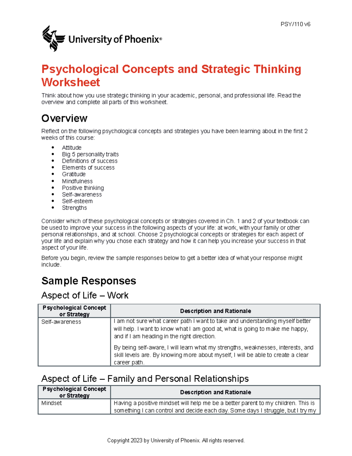 PSY/110 v Week 2 Psychological Concepts Worksheet Assistance - Studocu