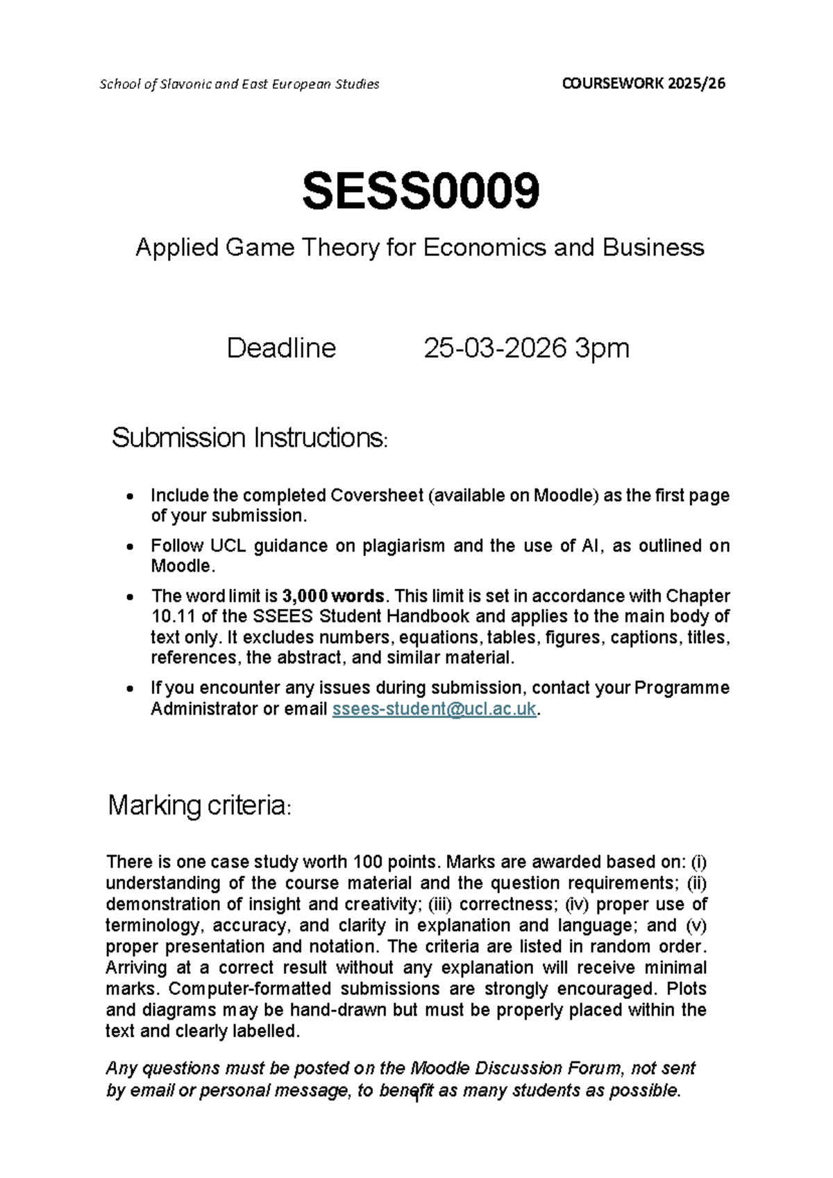 SESS0009 Applied Game Theory Case Study Coursework Guide - Studocu