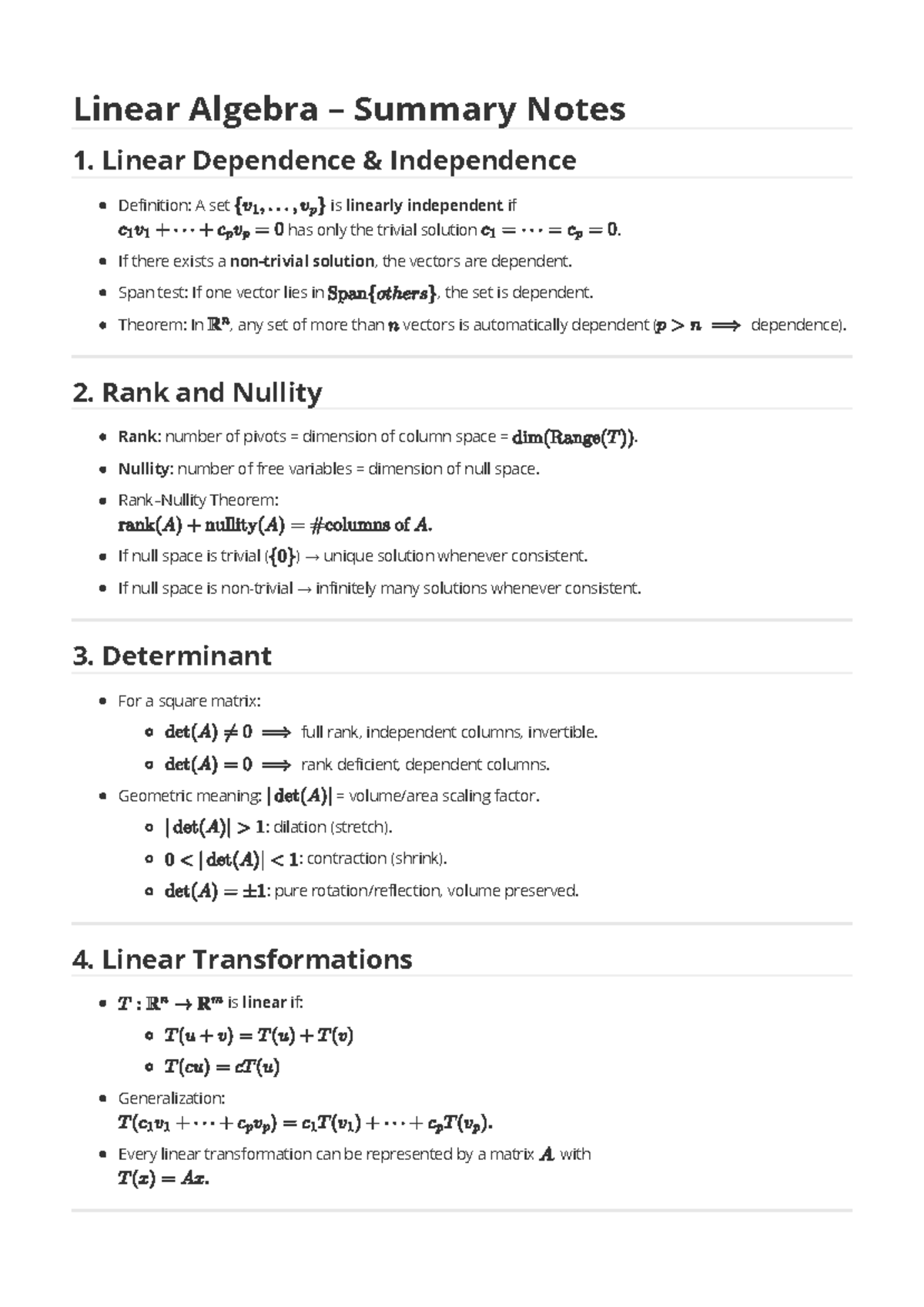 Linear Algebra Summary Notes: Linear Dependence & Transformations - Studocu
