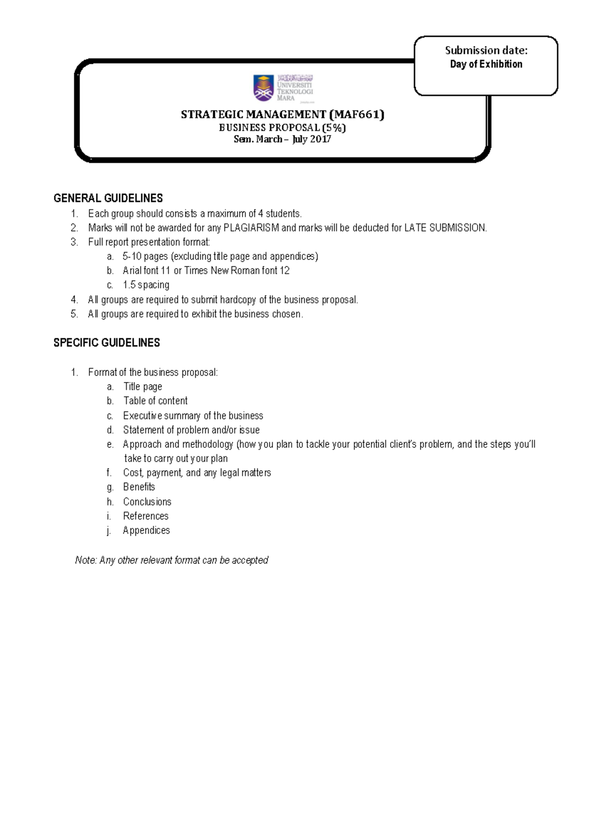 Business Proposal Guidelines for MAF661 Strategic Management - Studocu