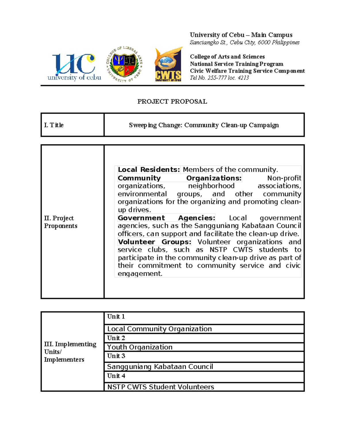 Community Clean-Up Project Proposal (NSTP-CWTS) - Studocu