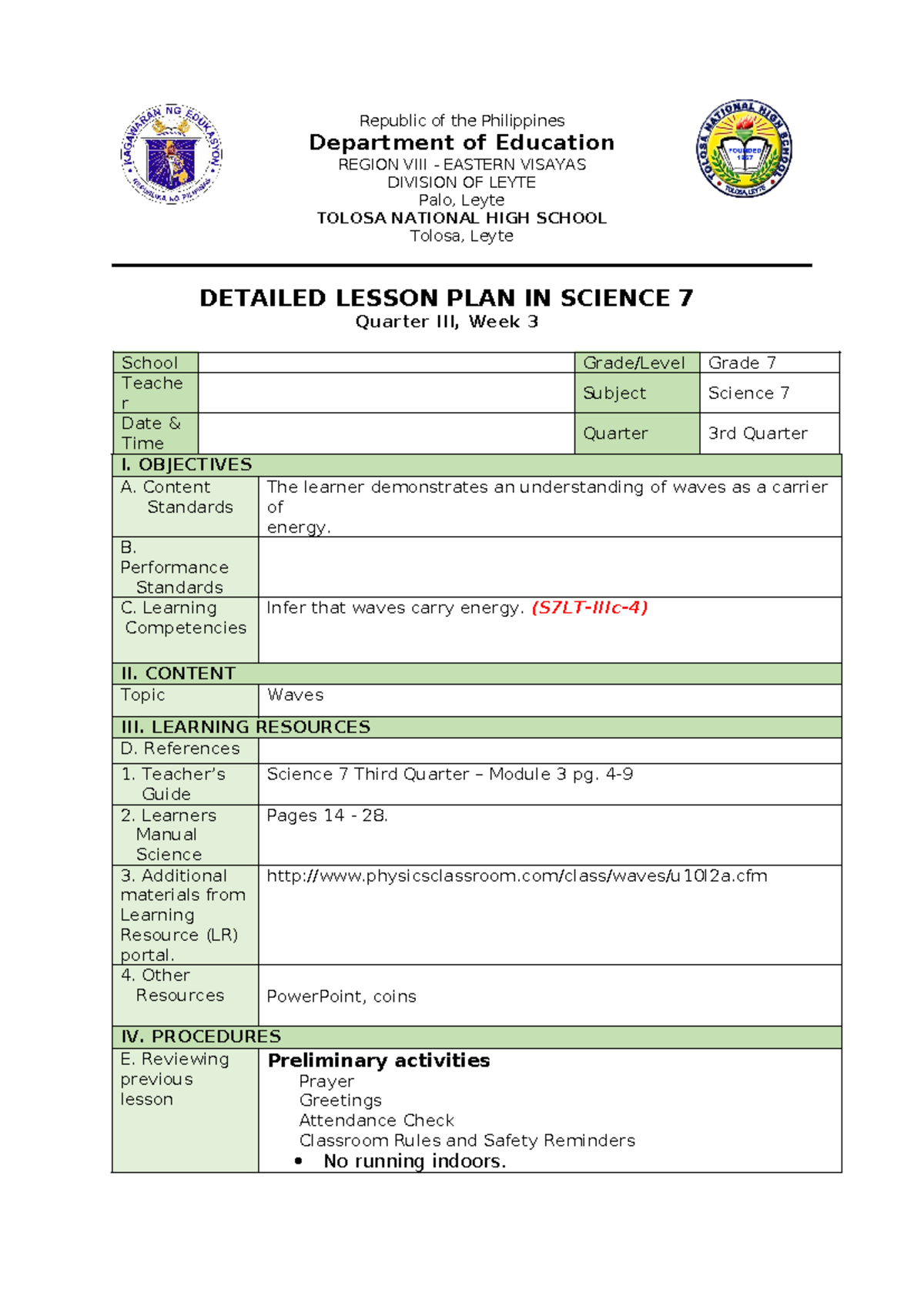 Detailed Lesson Plan in Science 7 (LP-FOR-Waves) - Understanding Waves ...