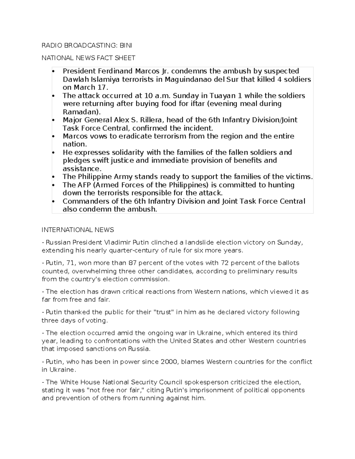 National News Fact Sheet: Key Updates on Local, International, & Sports ...