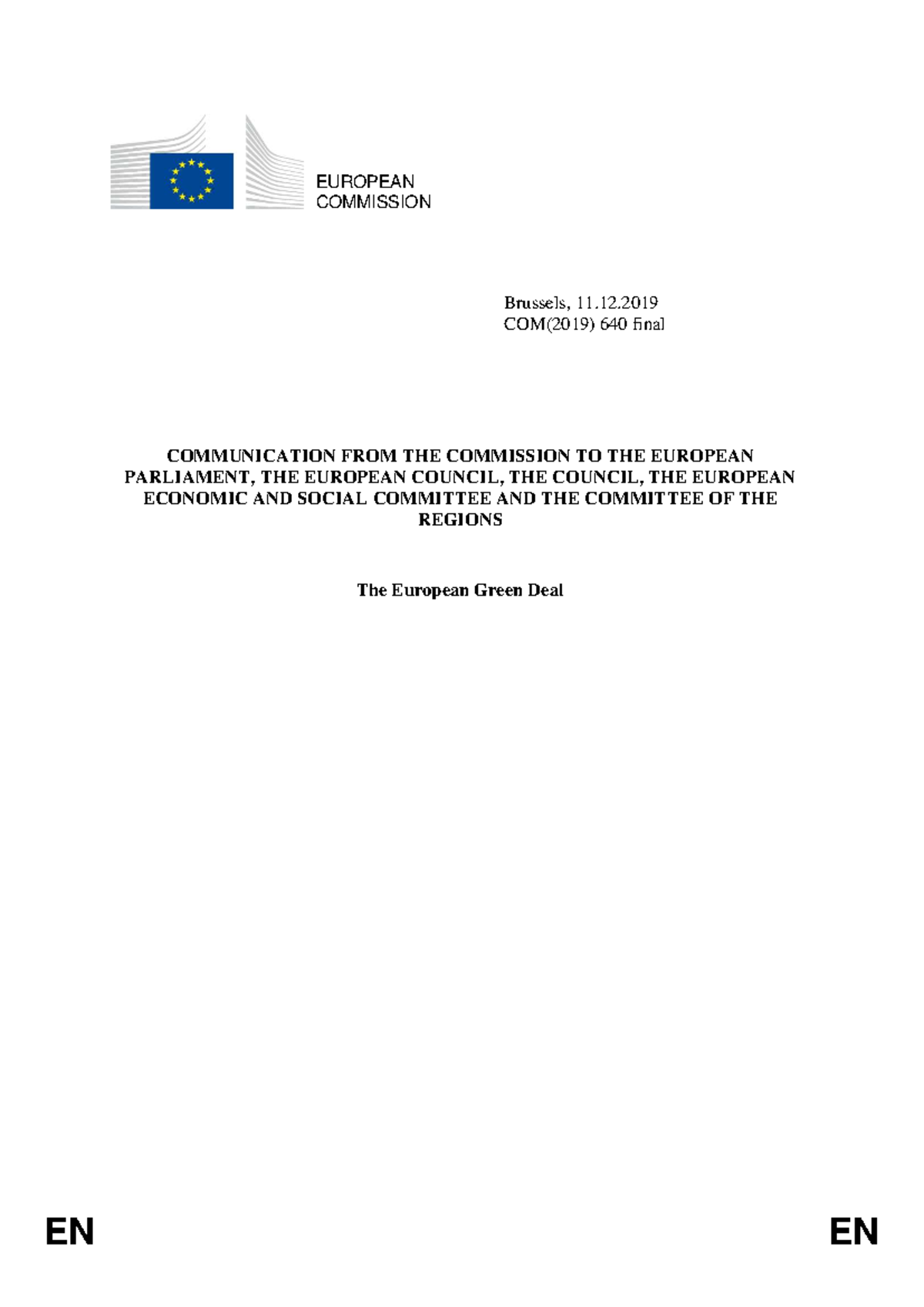 The European Green Deal: A Comprehensive Communication (COM(2019) 640 ...