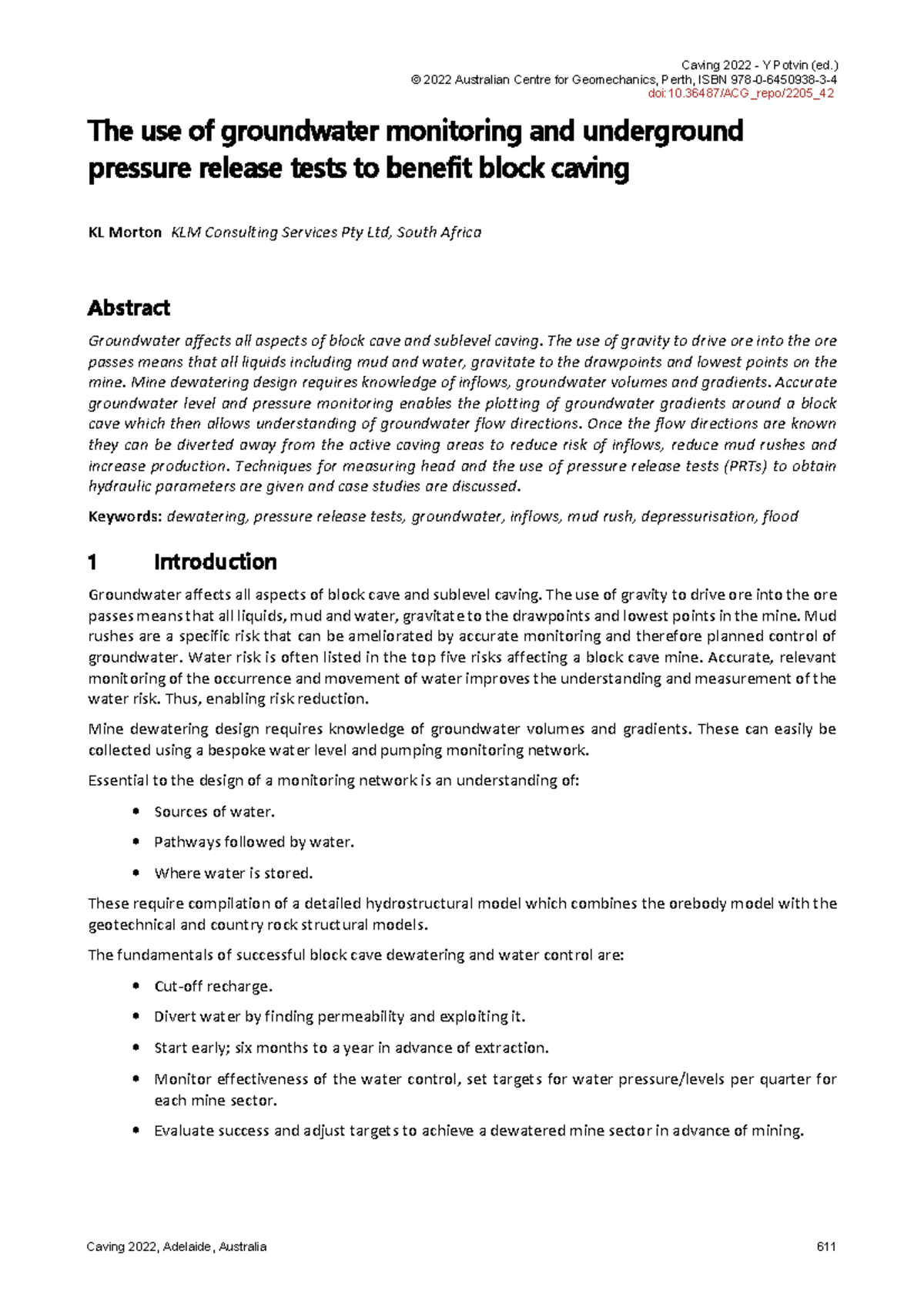Groundwater Monitoring & Pressure Release Tests in Block Caving ...