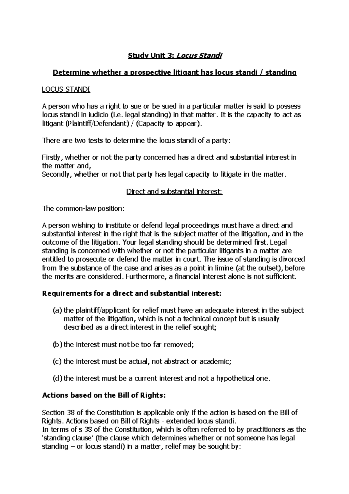 Study Unit 3: Understanding Locus Standi in Civil Procedure - Studocu