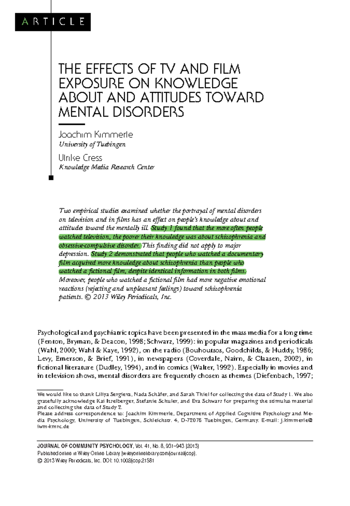 The Effects of TV & Film on Knowledge and Attitudes Toward Mental ...