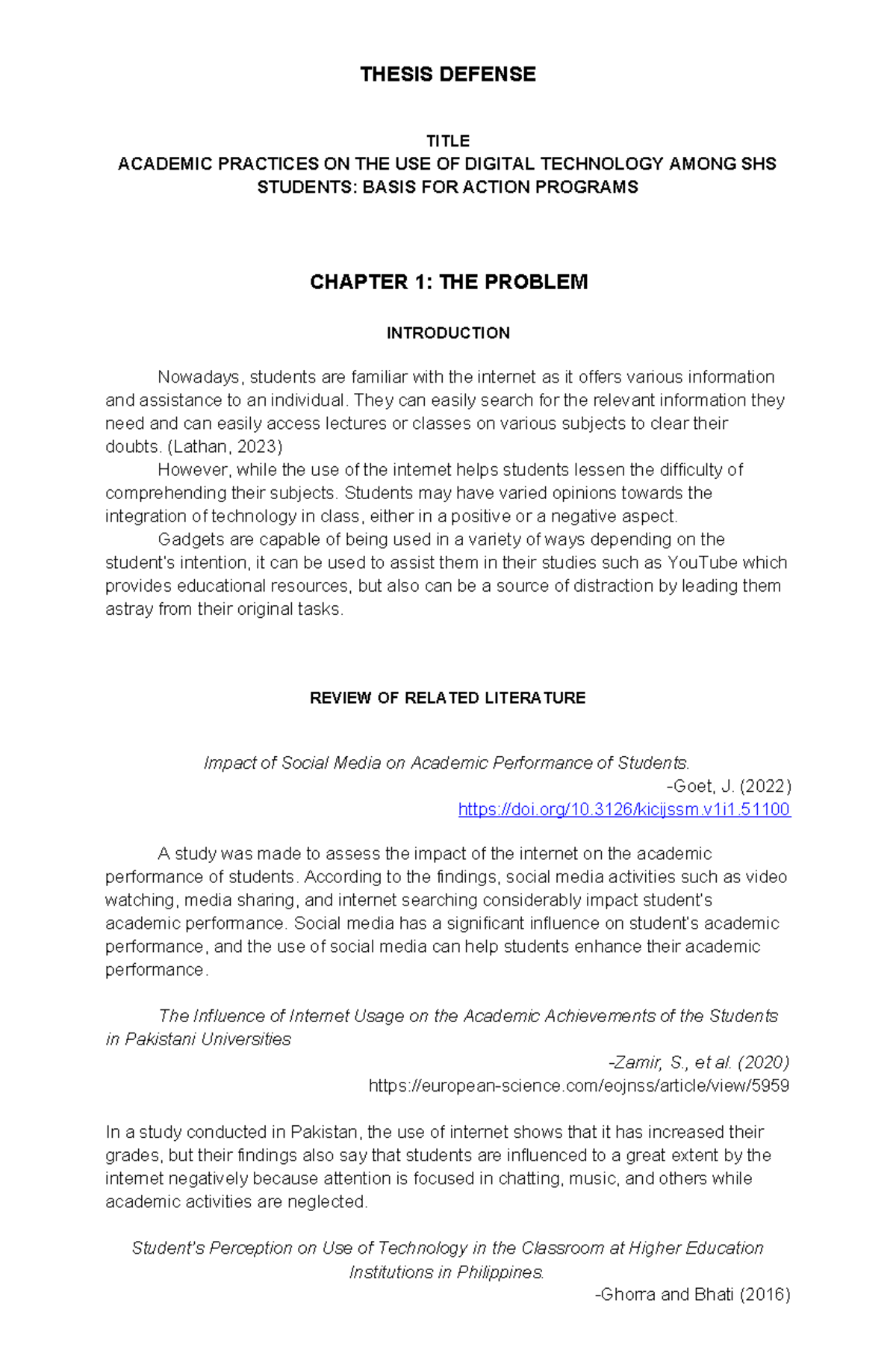 SHS368 Thesis Defense: Assessing Digital Tech Use in Student Academics - Studocu