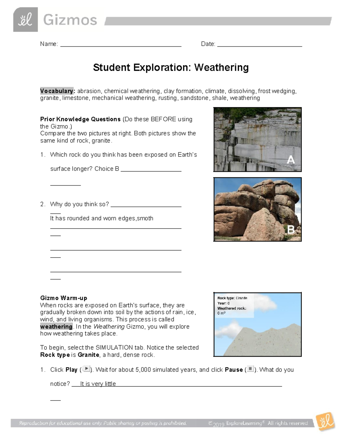 Weathering Exploration SE 1 - Answer Key and Study Guide - Studocu