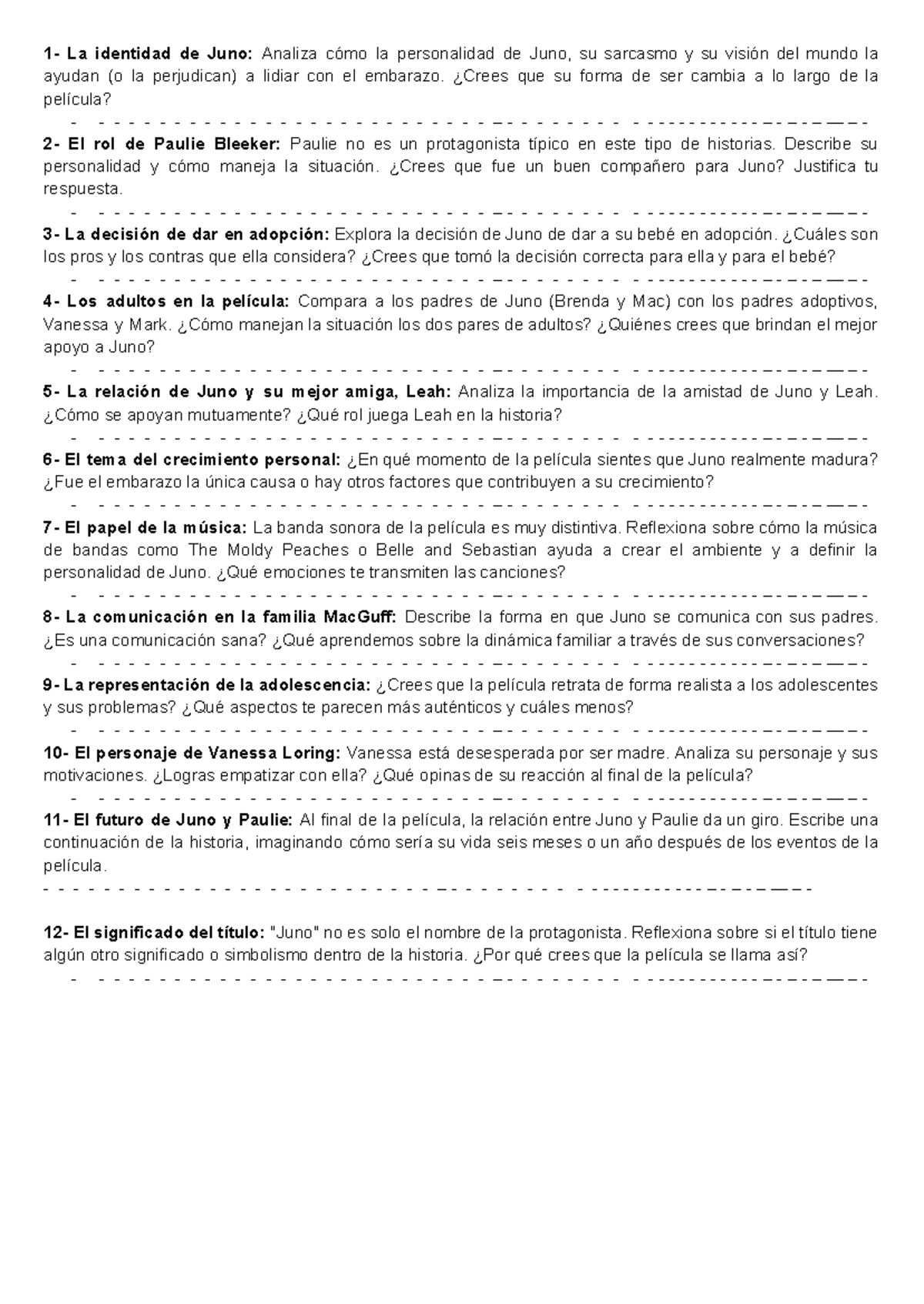 Juno - Preguntas de Análisis y Reflexión sobre la Película - Studocu