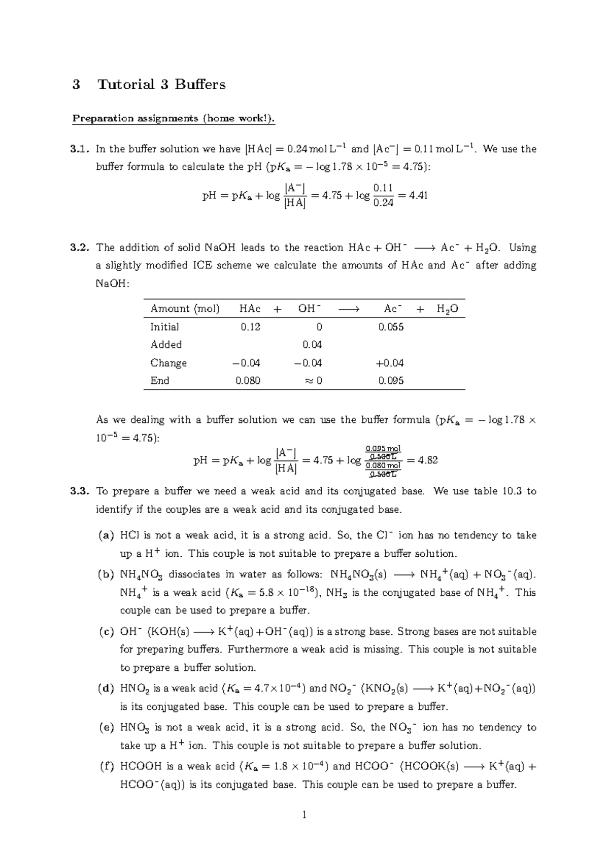 Tutorial 3 Solutions for Buffer Calculations in Chemistry (CHEM101 ...