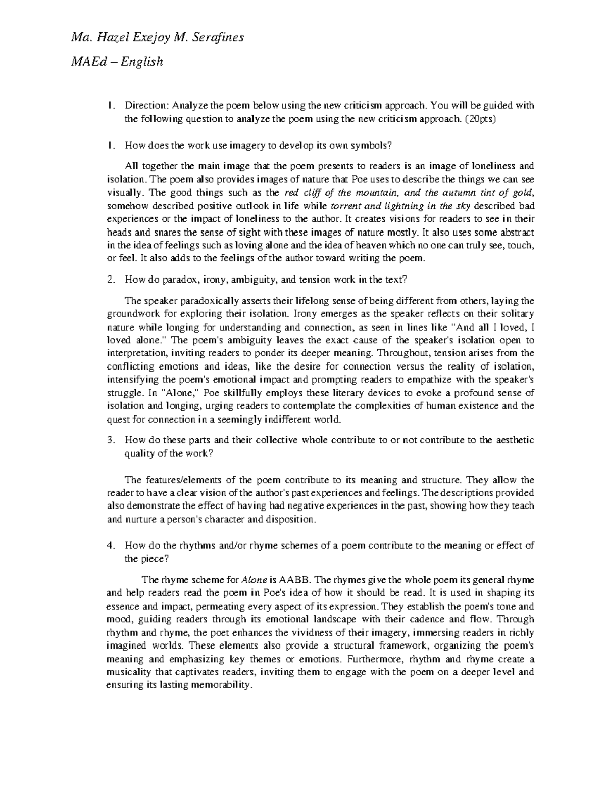 MAEd – English 1st Lit Crit Activity: Analyzing Poe's 'Alone' Poem ...