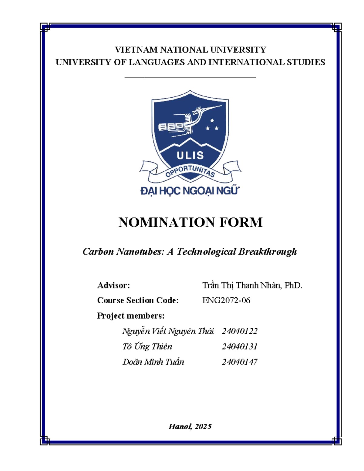 Carbon Nanotubes: A Technological Breakthrough - Project Report Takhcn ...