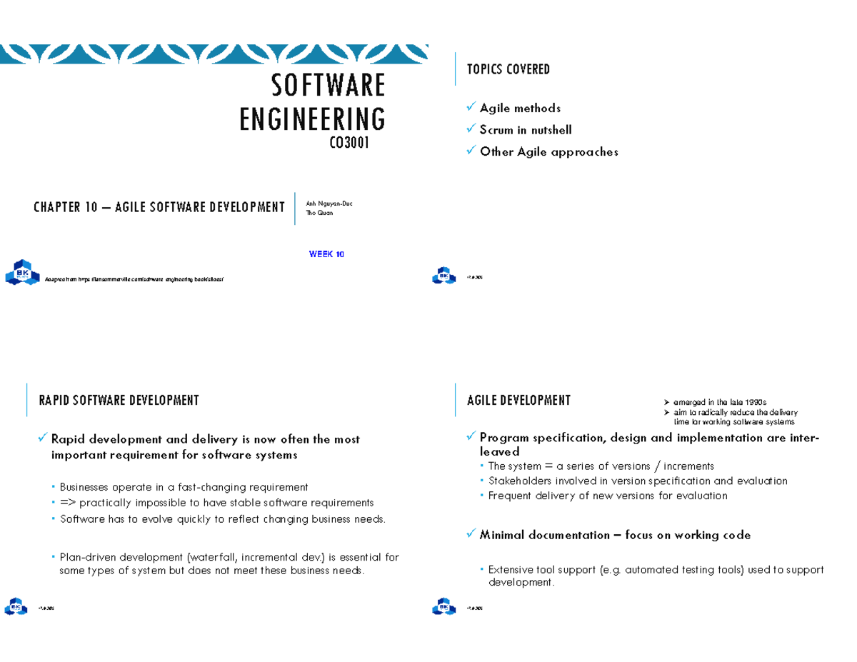 SOFTWARE ENGINEERING CO3001 CHAPTER 10 AGILE DEVELOPMENT OVERVIEW - Studocu