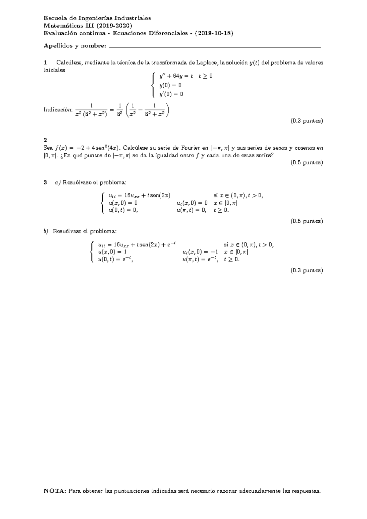 Examen Bloque II: Ecuaciones Diferenciales y Transformadas de Laplace ...