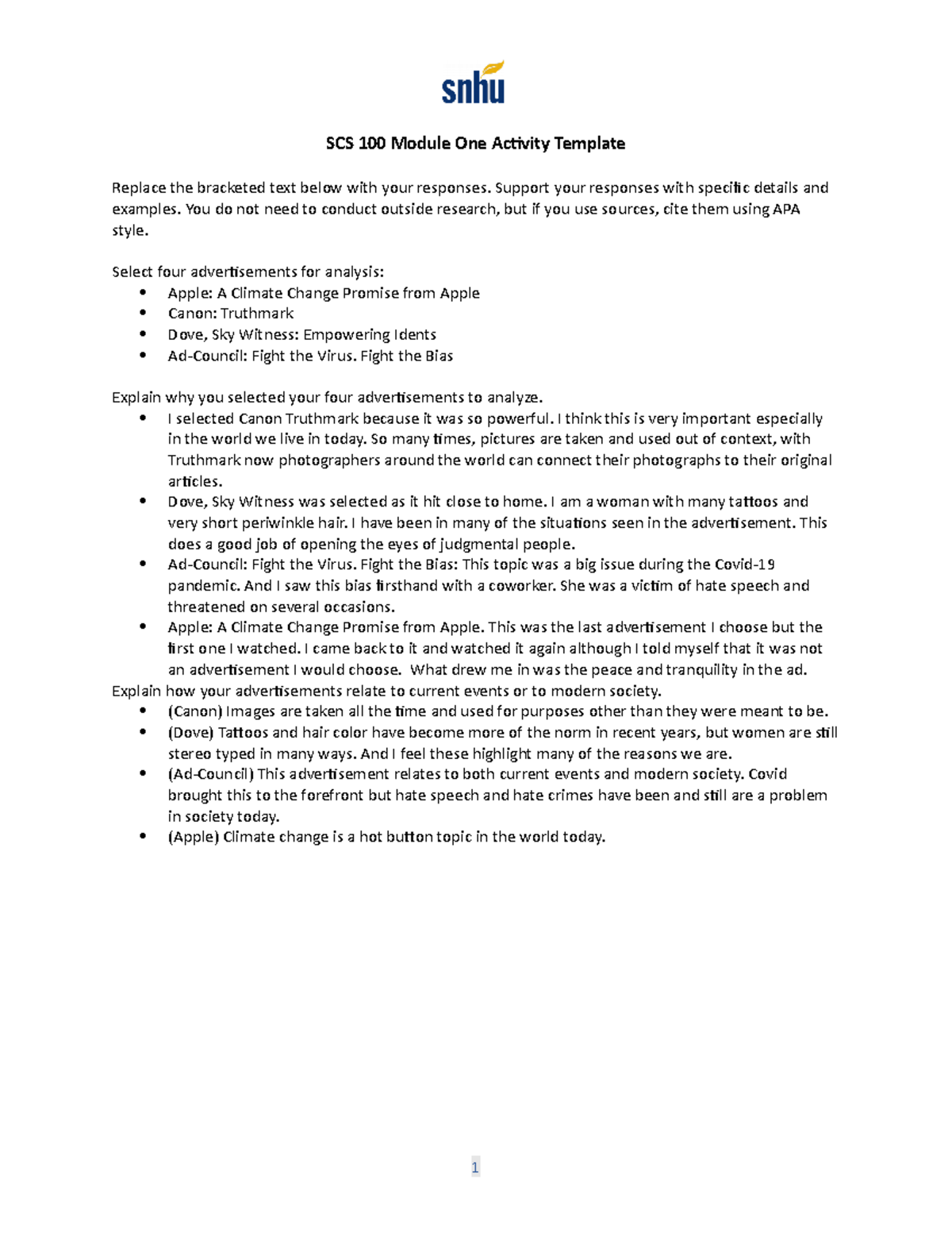 SCS 100 Module One Activity Template complete - SCS 100 Module One ...