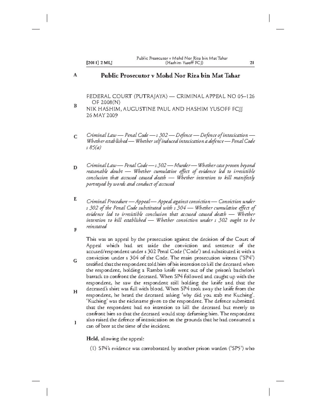 Public Prosecutor v Mohd Nor Riza bin Mat Tahar: Appeal Findings on Murder Charge - Studocu