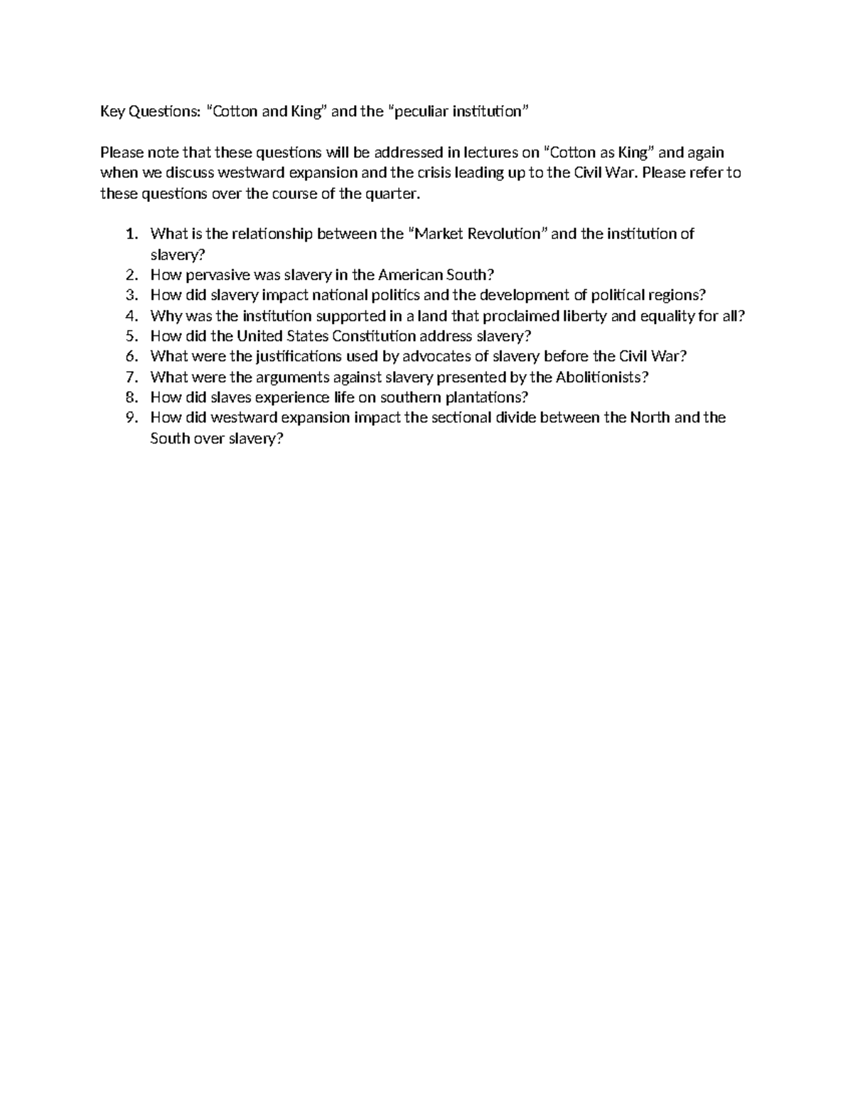 Key Questions: Slavery and Westward Expansion (HIST 101) - Studocu