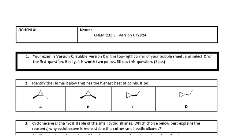 CHEM 231 OCHEM Exam 2 Version C Study Guide - Studocu