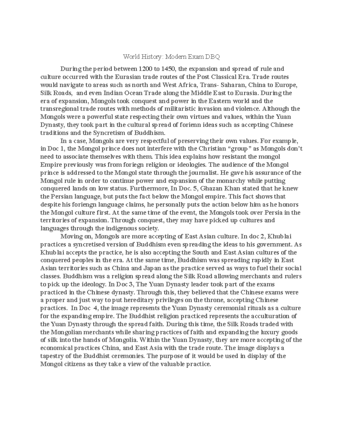 AP World History DBQ: Mongol Expansion and Cultural Syncretism (1200 ...