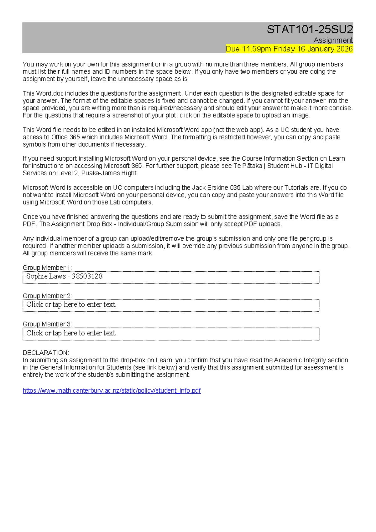 STAT101-25SU2 Assignment - Submission Template & Guidelines - Studocu