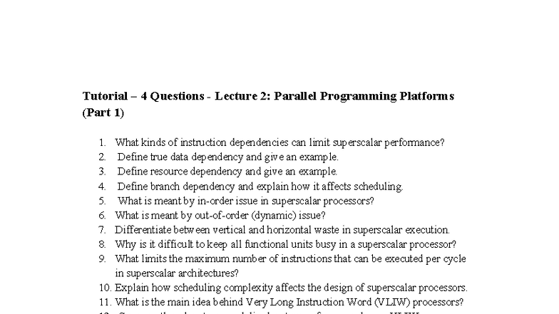 Tutorial 4: Questions on Parallel Programming Platforms (Part 1) - Studocu