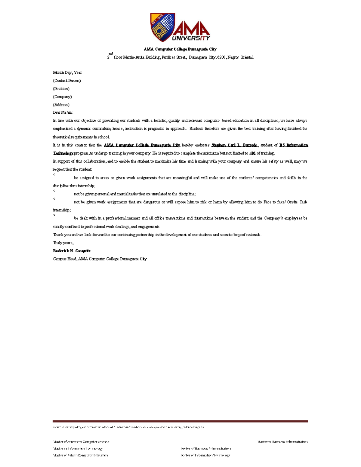 Endorsement Form for Internship - BSIT Program (F2F) - Studocu