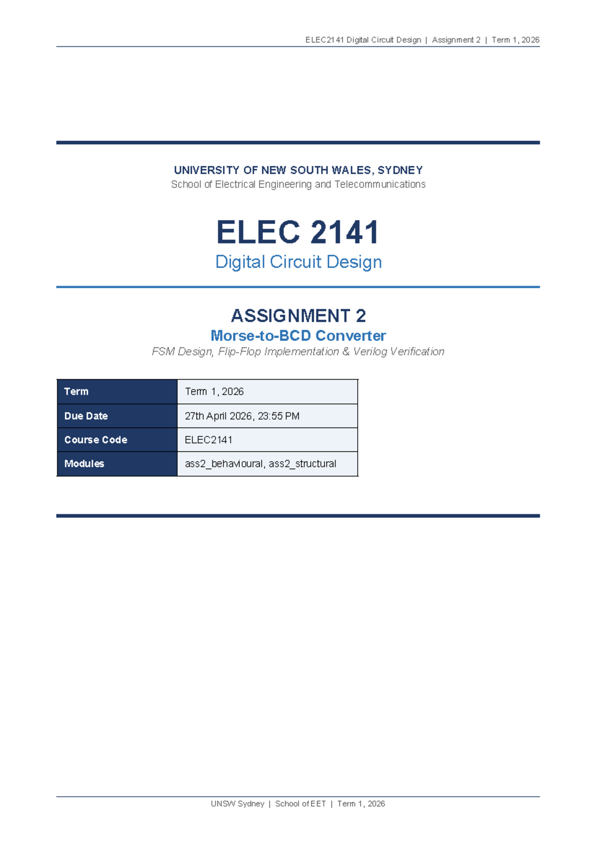 ELEC2141 Digital Circuit Design Assignment 2 Report - Term 1, 2026 ...