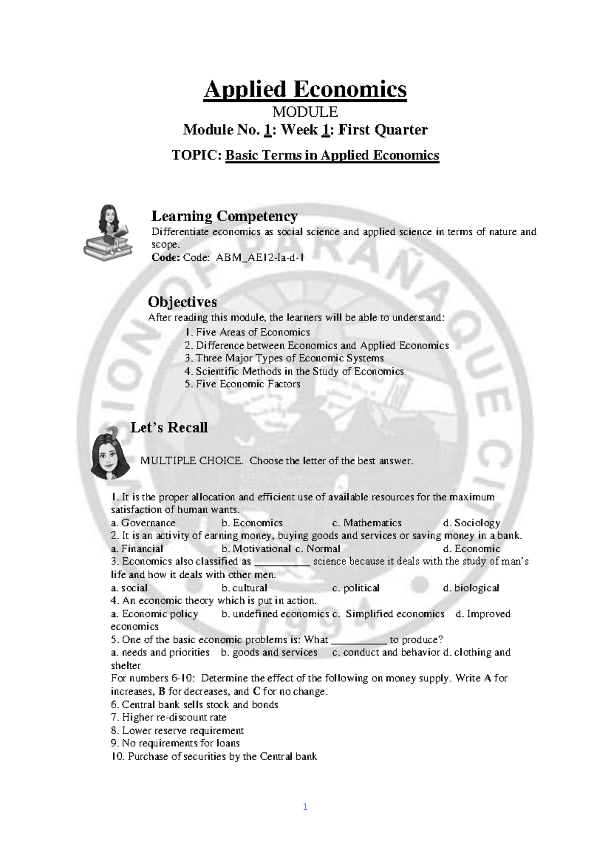 AE Q3 M1 - Intro to Applied Economics: Key Concepts & Applications G12 ...