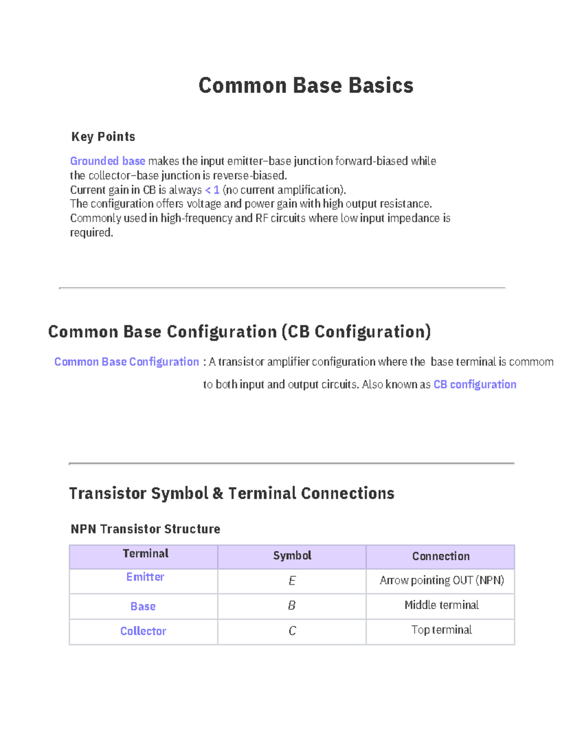 EDC 2: Key Points on Common Base Transistor Configuration - Studocu