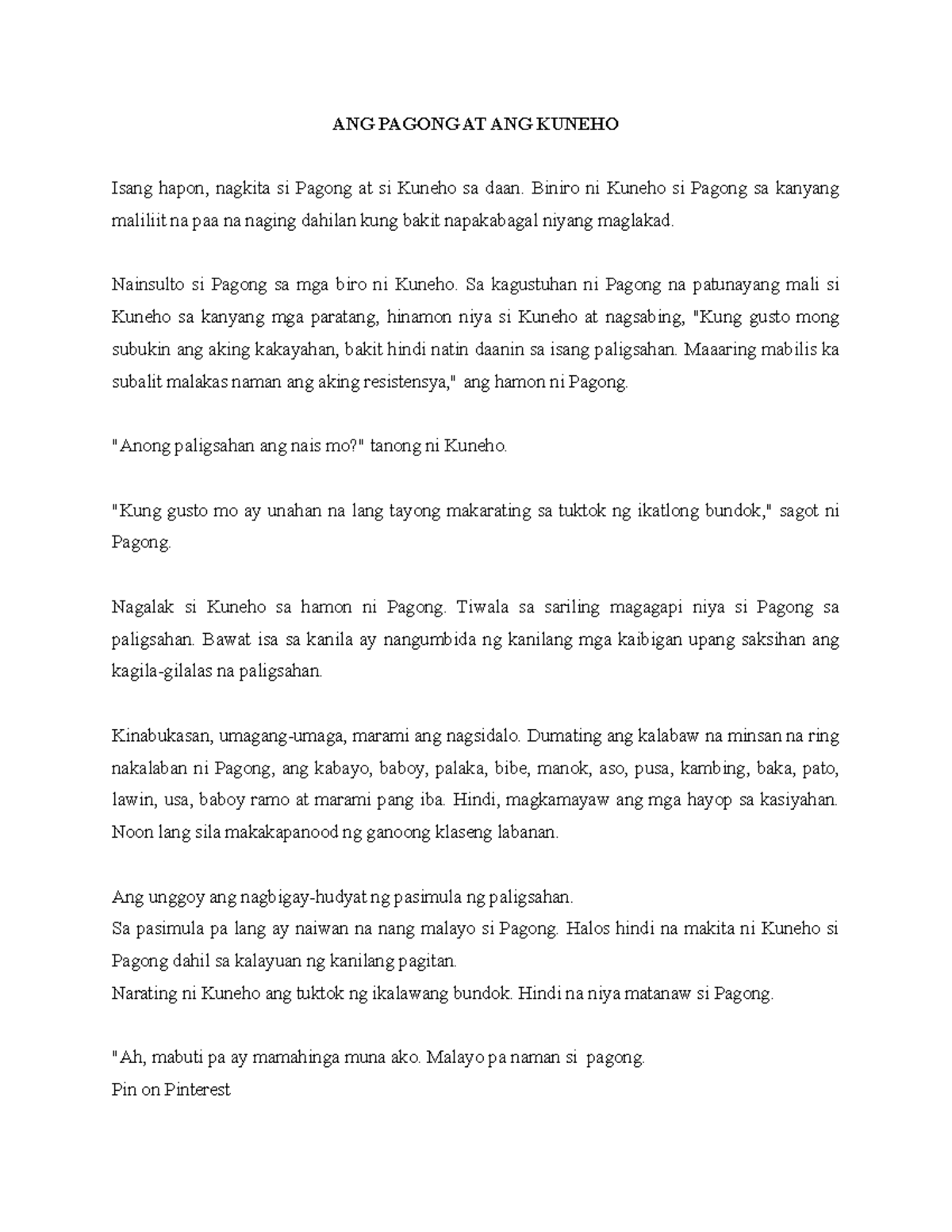 Ang Pagong at ang Kuneho: Isang Maikling Kuwento - Studocu