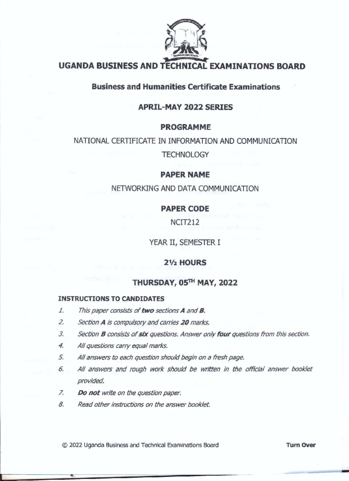 Ubteb PAST Paper NCIT212 Network and Data Communication 0001 MAY 2022 ...