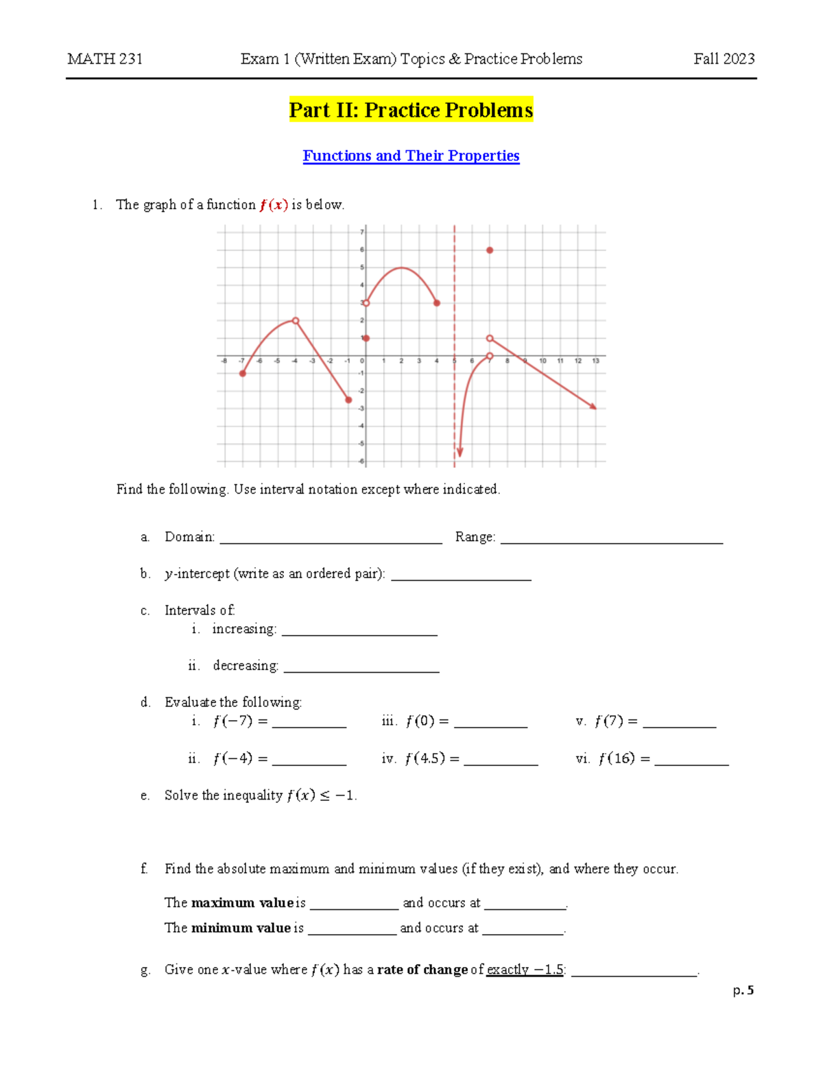 Exam 1 (Written) Topics & Practice Problems M231 - Part II: Practice Problems Functions and ...