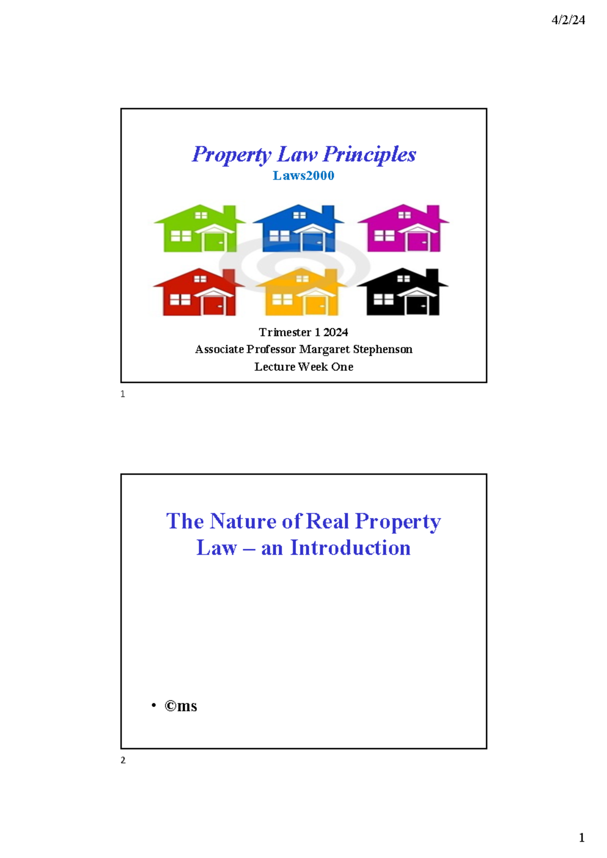 Property Law Principles: Lecture 1-4 Overview for Trimester 1 2024 ...