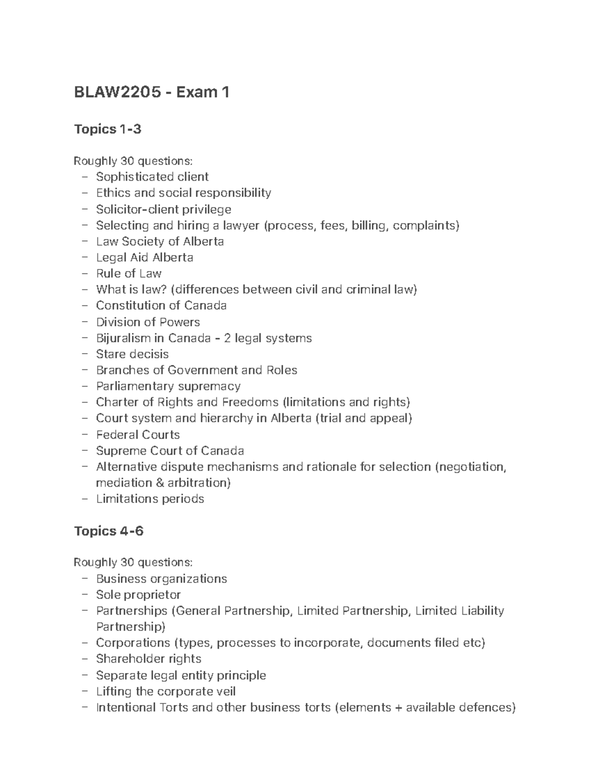 BLAW2205 Fall 2023 - Exam 1 Study Guide with Key Topics - Studocu