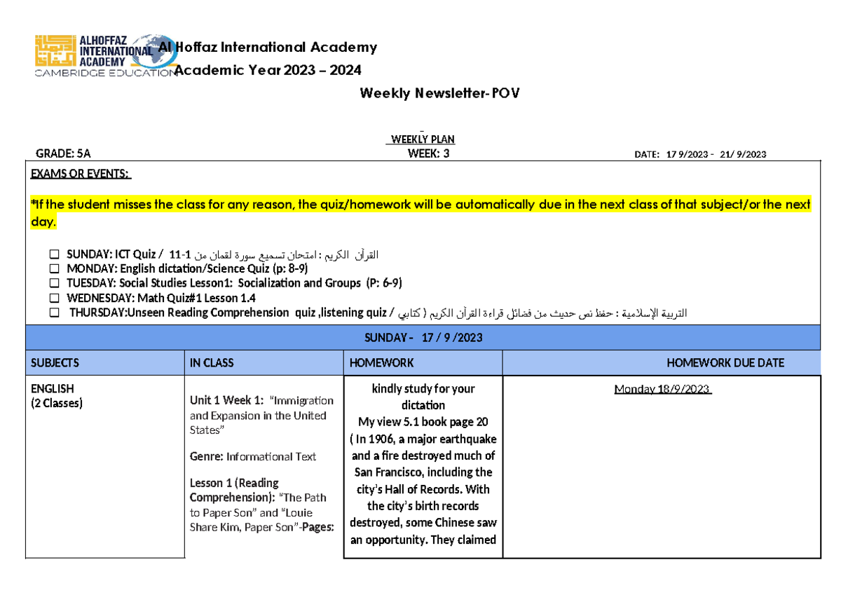 Weekly Plan for Grade 5A - Week 3 (2023-2024) - Studocu