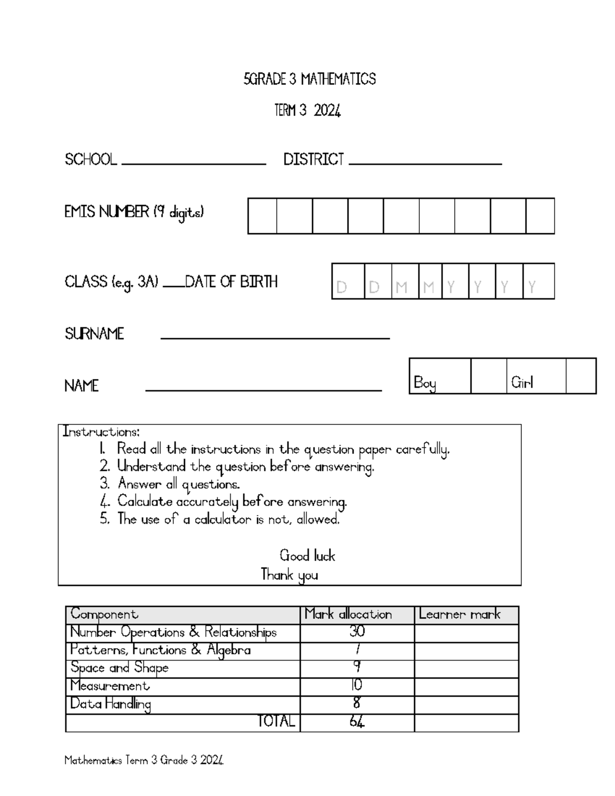 Mathematics Assessment Term 3 2024 - Grade 3 - Studocu