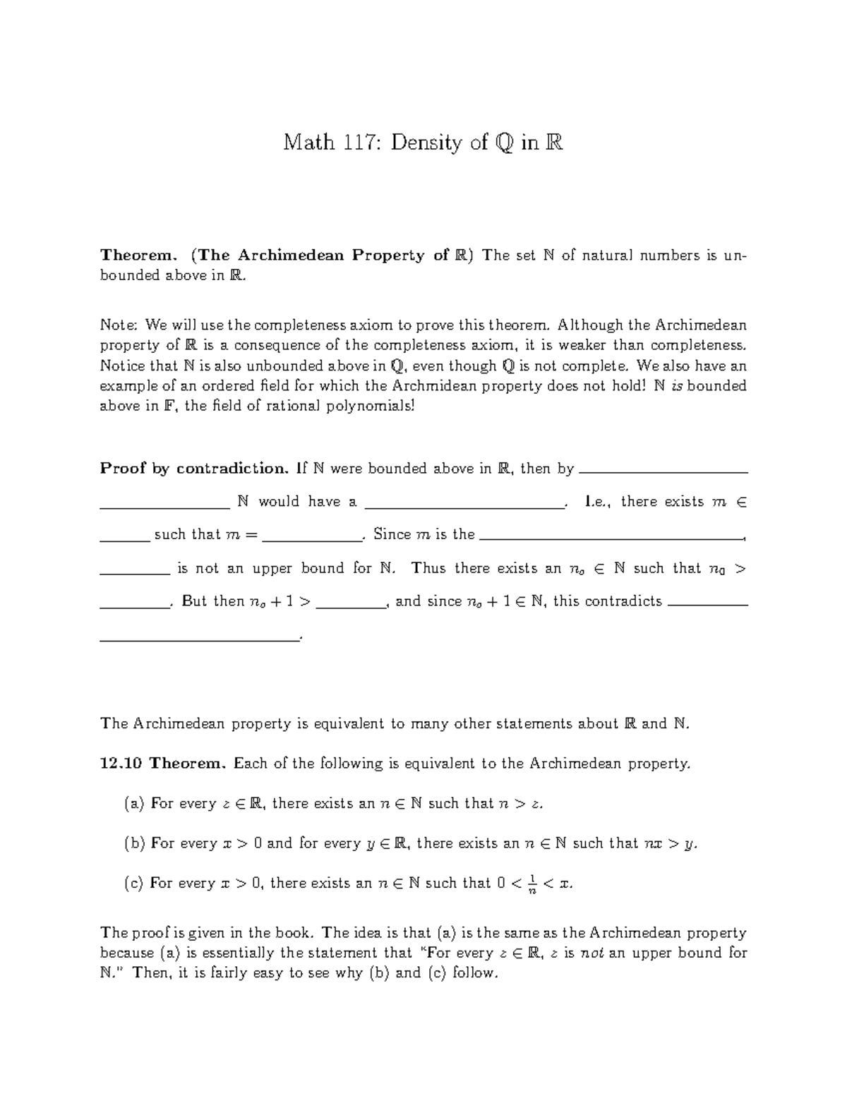 Math 117: Density of Rationals in Reals - Key Theorems & Proofs - Studocu