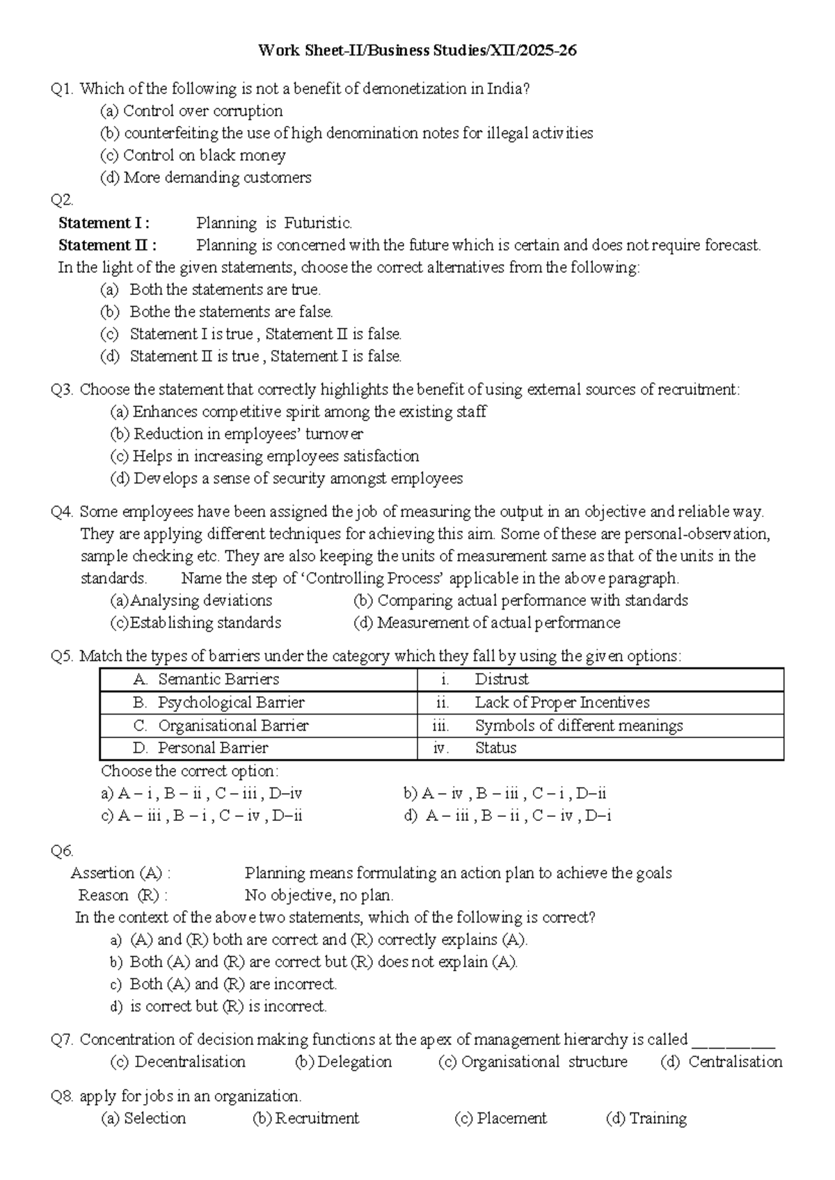 Work Sheet-2 Class 12 BST: Management Principles & Functions - Studocu