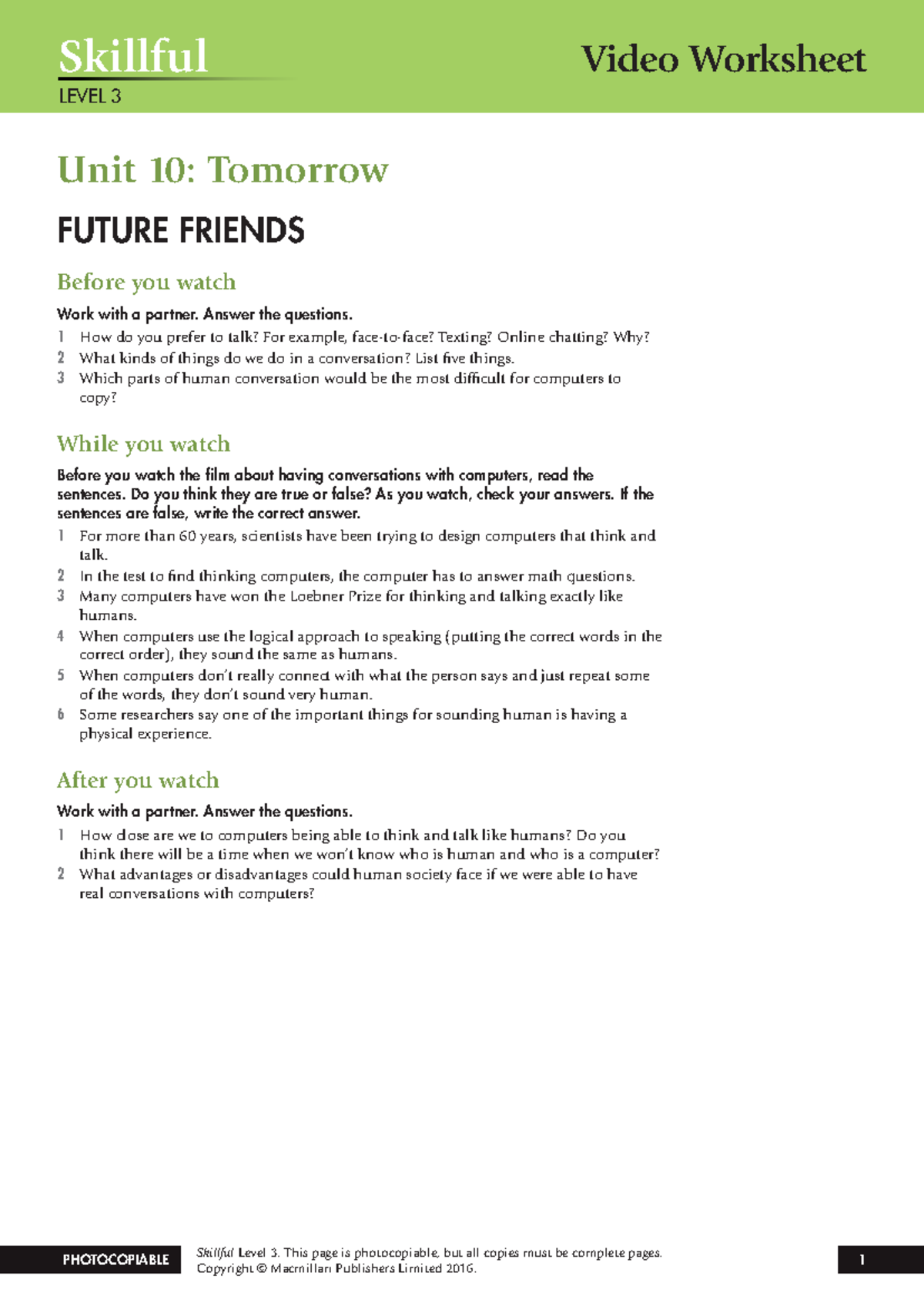 Skillful LS3 Unit 10 Video Worksheet: Conversations with Computers ...