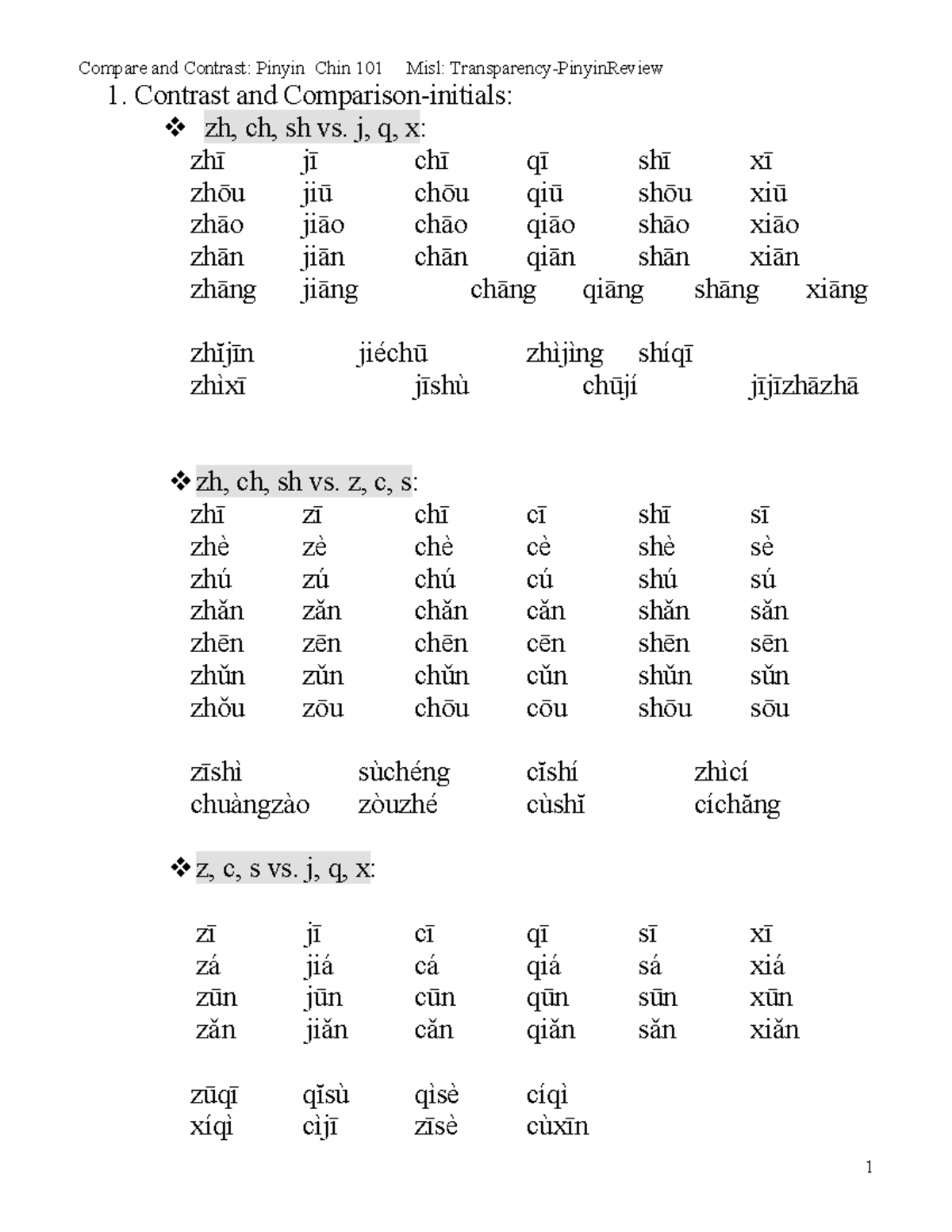 Pinyin Contrast & Comparison: Chin 101 Review Notes - Studocu