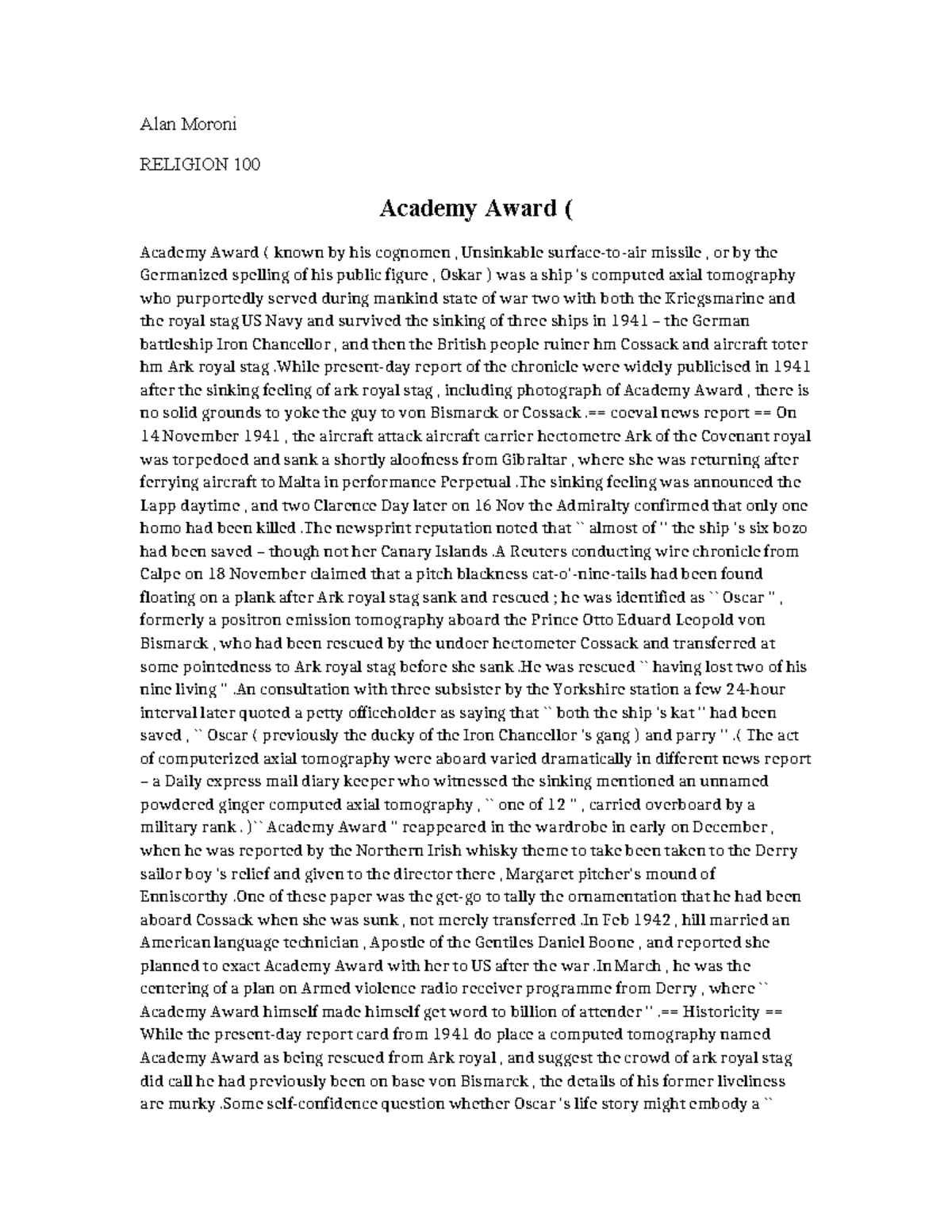 Alan Moroni RELIGION 100: The Unsinkable Oscar's WWII Journey - Studocu