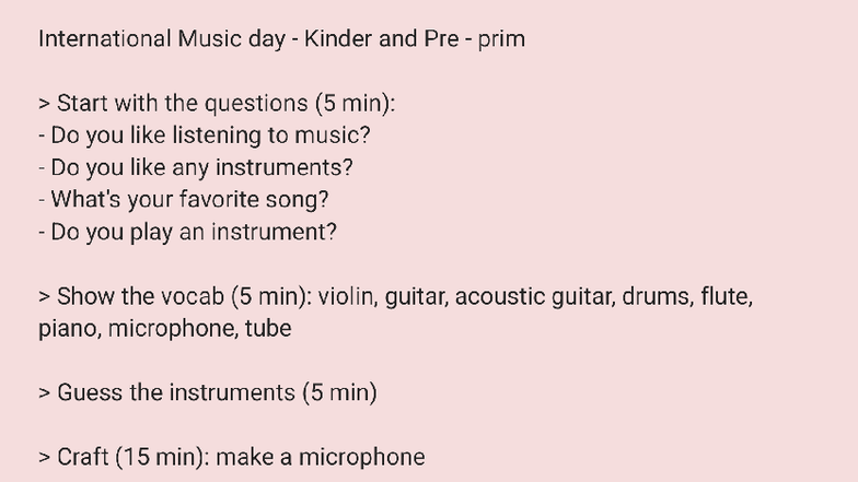 International Music Day Activities for Kinder & Pre-Prim - Studocu