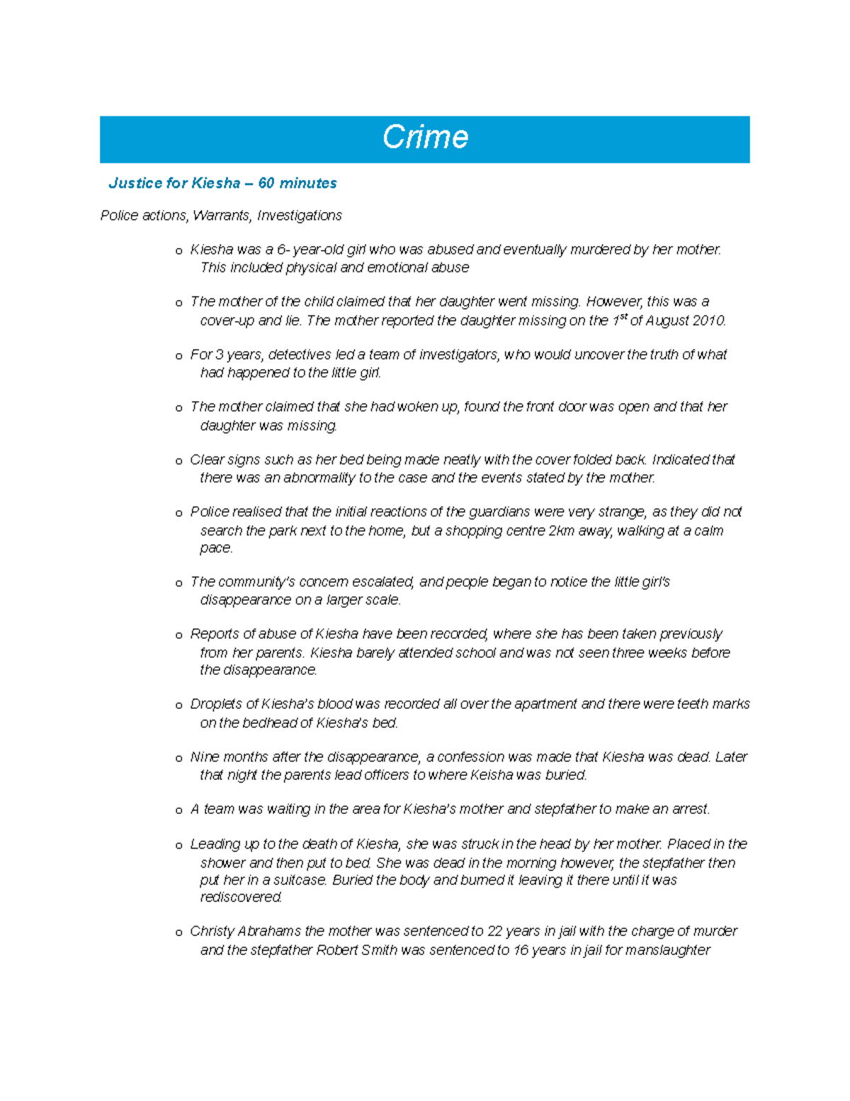 Legal Studies- Crime yr12 - Crime Justice for Kiesha – 60 minutes ...