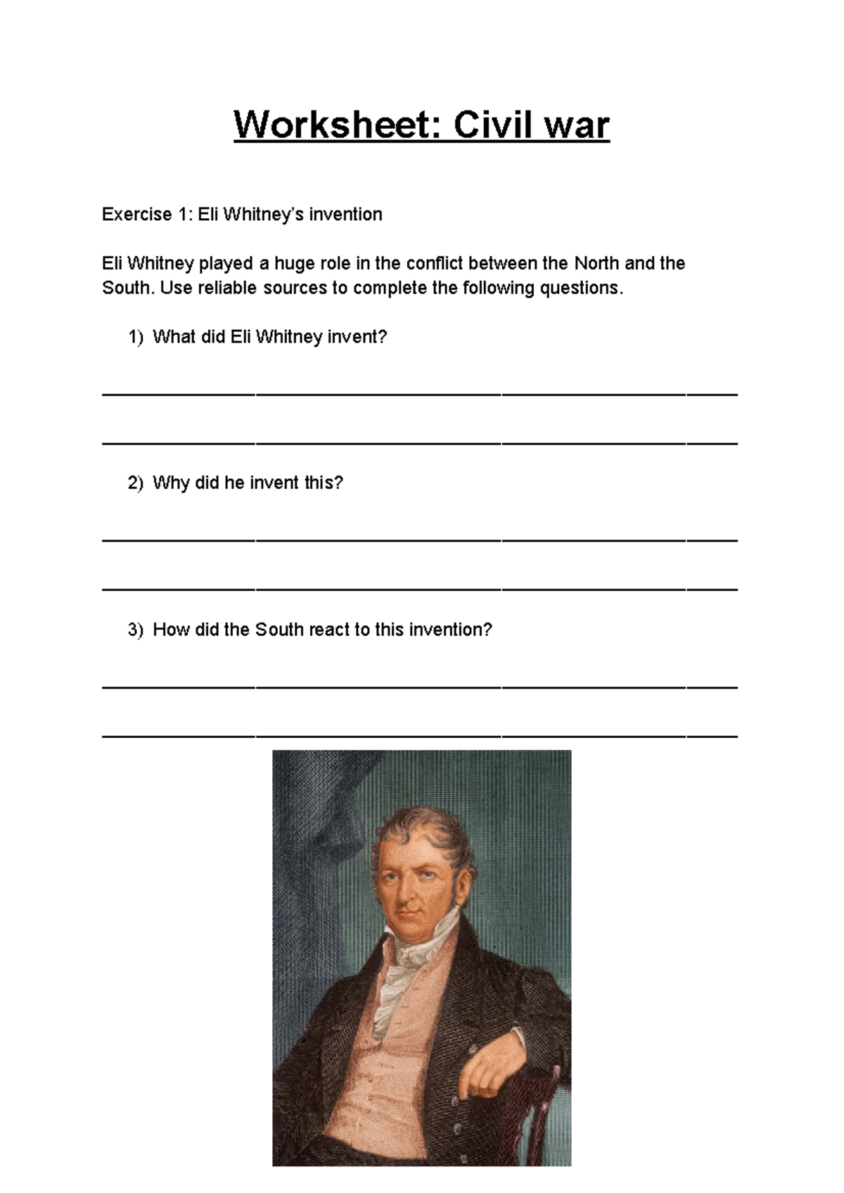 Worksheet: Civil War Exercises on Eli Whitney & Garrison's Letter - Studocu
