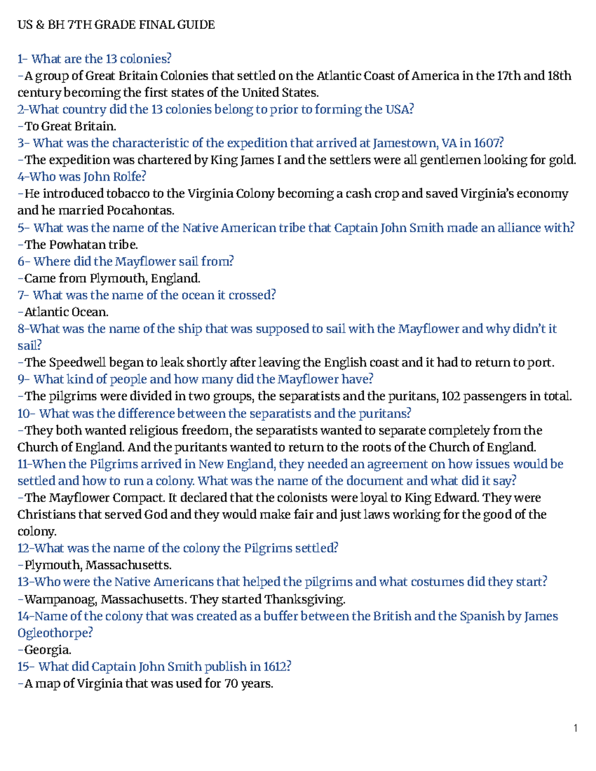 US BH 7TH GRADE FINAL GUIDE: Understanding the 13 Colonies - Studocu