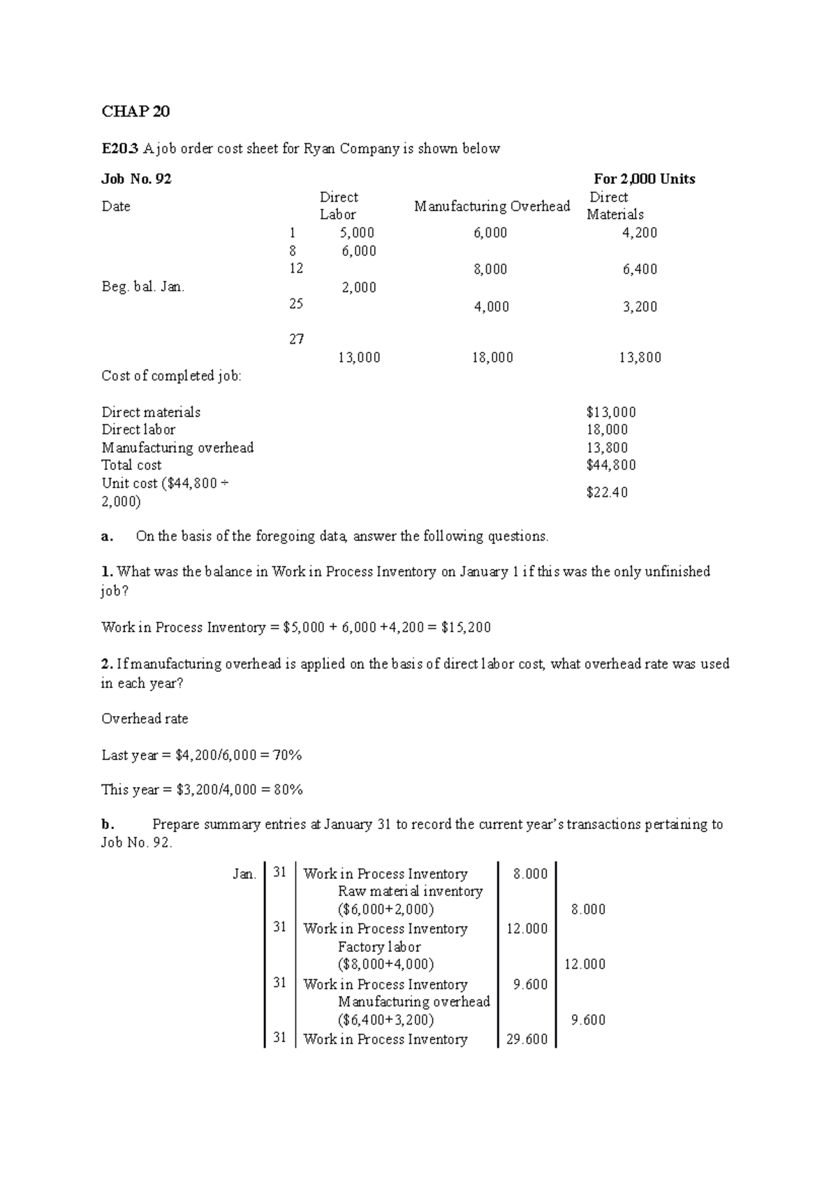 NLKT2 - Chapter 20 Homework: Job Order Costing Analysis - Studocu