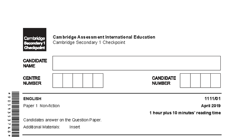 English P1 Questions - Cambridge Checkpoint April 2019 - Studocu