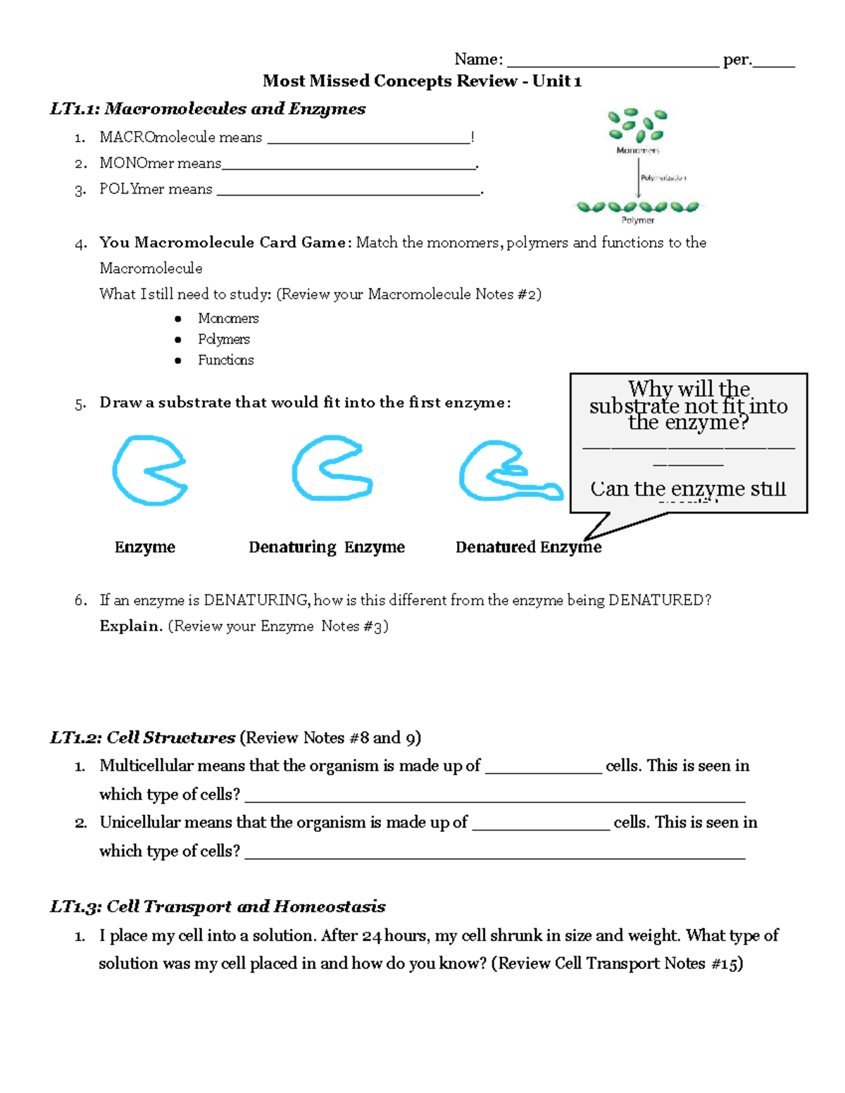 Final Exam Review: Macromolecules, Enzymes & Cell Structures LT1.1-1.3 ...