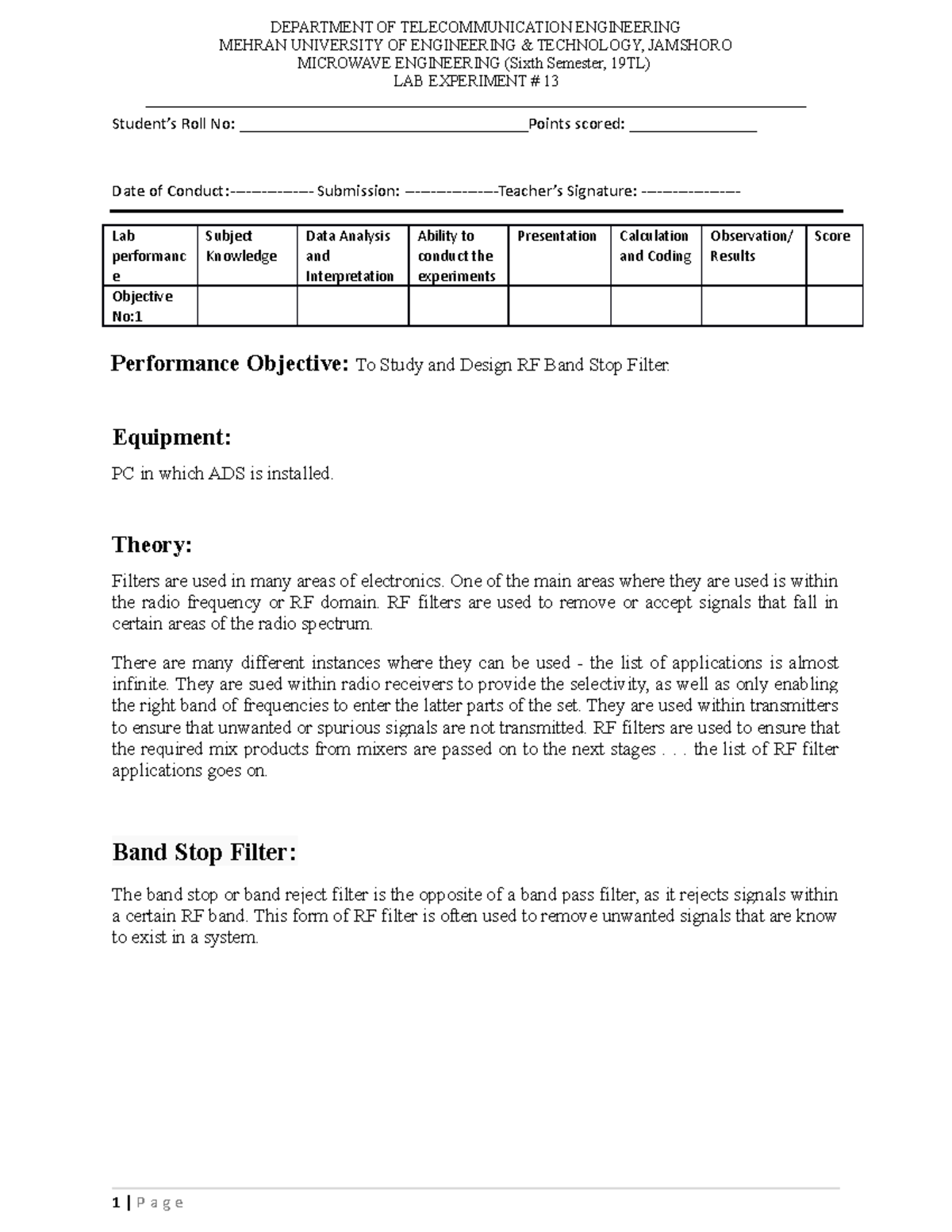 Lab 13: RF Band Stop Filter Design - ME 19TL, Microwave Engg. - Studocu